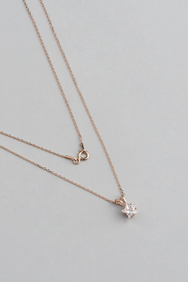 Minimal Yıldız Taşlı 18 Ayar Rose Altın Kaplama 45 Cm Gümüş Kolye