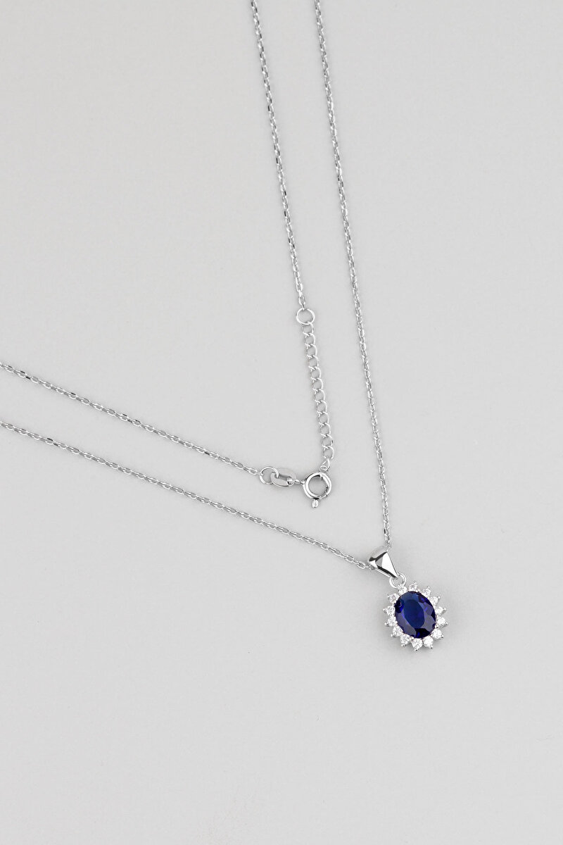 Safir Mavisi 18 Ayar Beyaz Altın Kaplama 45 Cm Gümüş Kolye 5104430599