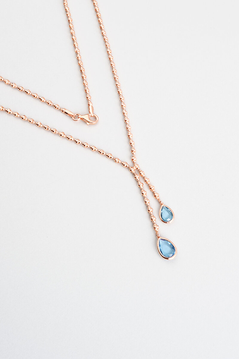 Mavi Damla Taşlı 18 Ayar Rose Altın Kaplama 40 Cm Gümüş Kolye