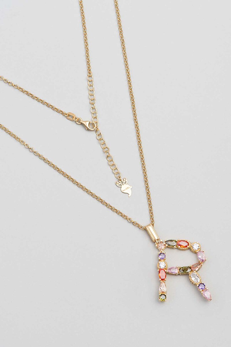 R Harfi Günışığı Renkli 18 Ayar Sarı Altın Kaplama Gümüş Kolye 07282211344