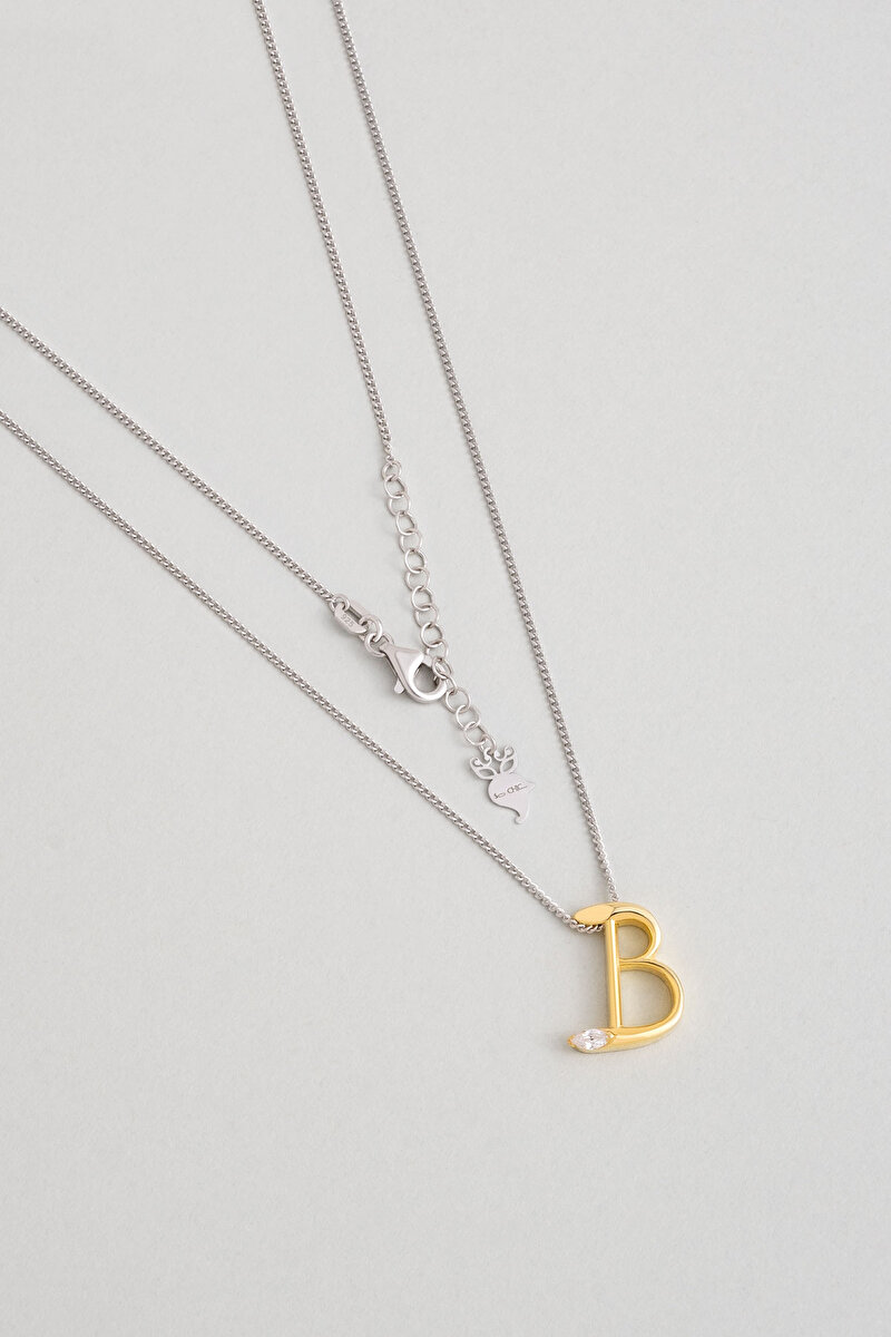 Asimetrik B Harfi 18 Ayar Beyaz Ve Sarı Altın Kaplama 45 Cm Gümüş ...