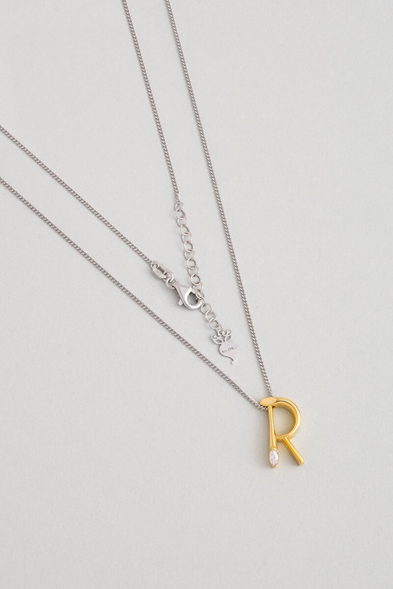 Asimetrik R Harfi 18 Ayar Beyaz Ve Sarı Altın Kaplama 45 Cm Gümüş ...