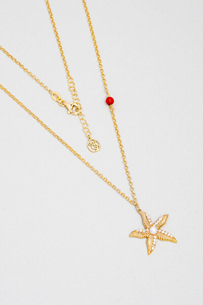 Mercan Yıldızı 18 Ayar Sarı Altın Kaplama 44 Cm Gümüş Kolye 07311006244